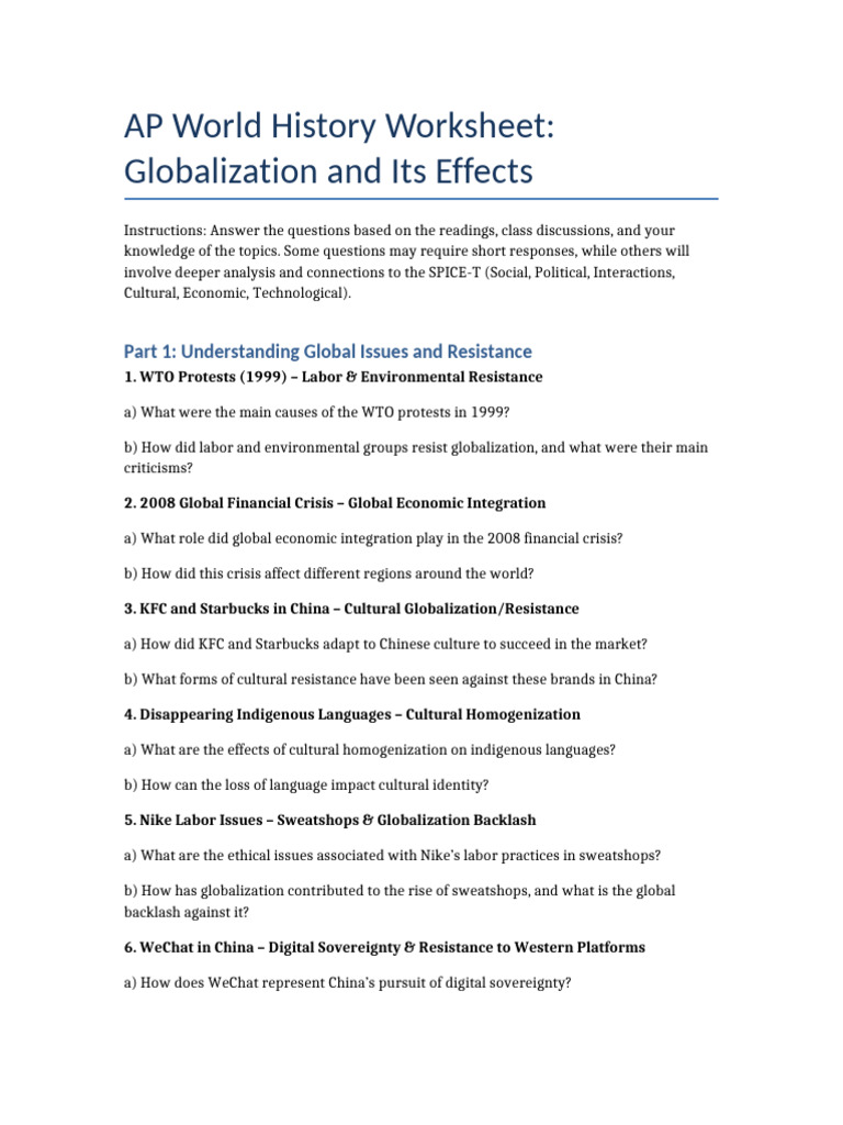 AP World History Globalization Worksheet11 | PDF | Globalization ...