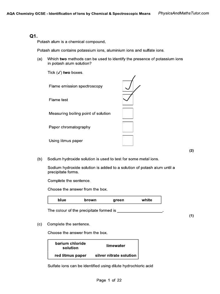 8.3 Testing For Positive and Negative Ions QP | PDF