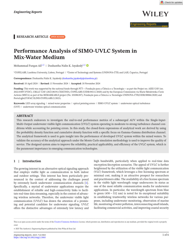 Engineering Reports - 2025 - Ali - Performance Analysis of SIMO UVLC ...