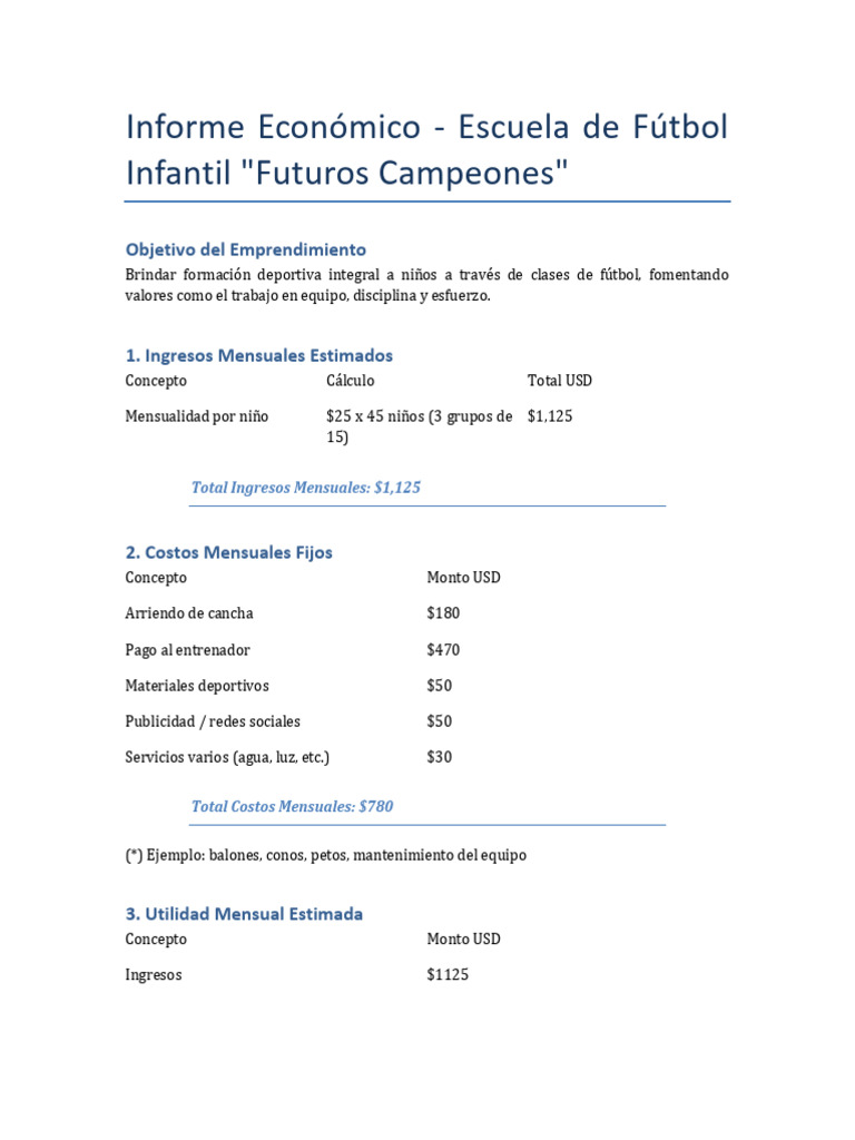 Informe Económico Escuela Fútbol Infantil | PDF