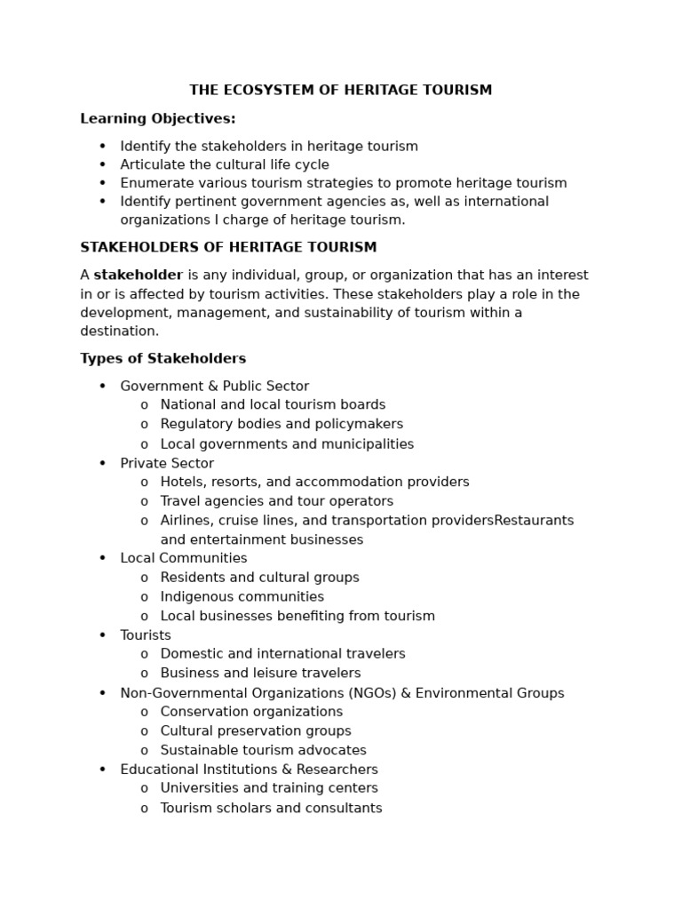 Lesson 2 Ecosystem of Heritage Tourism | PDF | Tourism | Historic Preservation