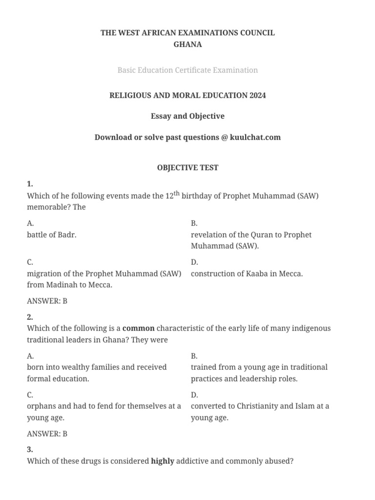 RME Past Questions and Answers 2024 | PDF | Adolescence | Muhammad