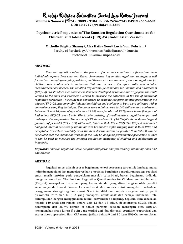 Psychometric Properties of The Emotion Regulation 5fdi5mli09 | PDF | Emotional Self Regulation ...