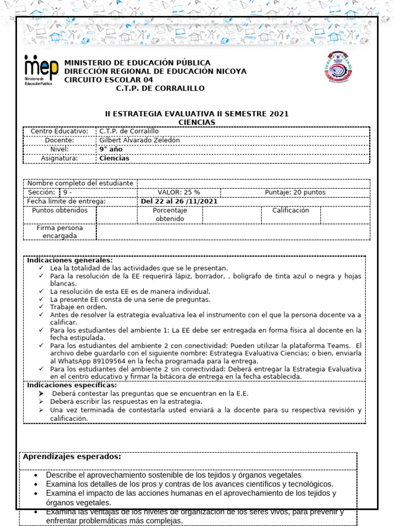 II Estrat. de Eval. 9° Año | PDF | Tejido (biología) | Biodiversidad