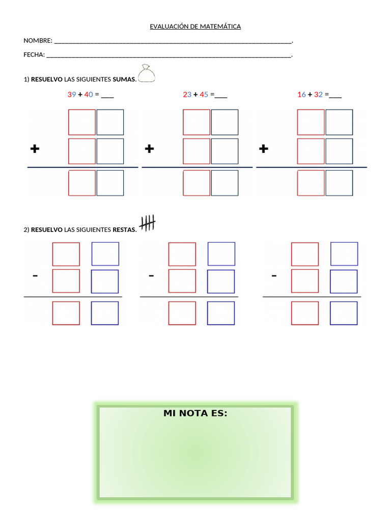 Evaluación de Matemática Suma y Restas | PDF