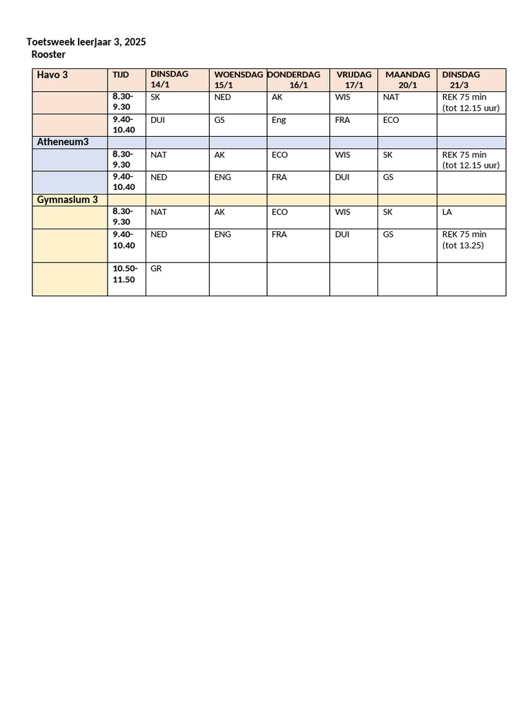 Rooster Leerjaar 3 | PDF