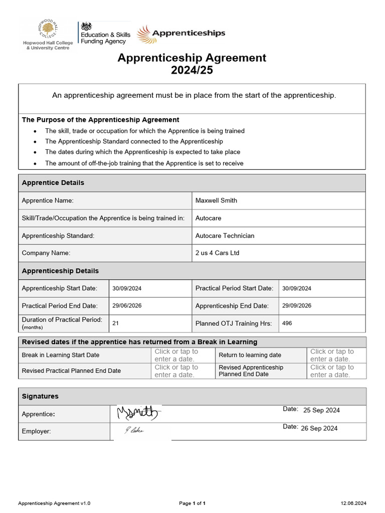 Maxwell Smith - Apprenticeship Agreement 2024-25 | PDF | Apprenticeship ...