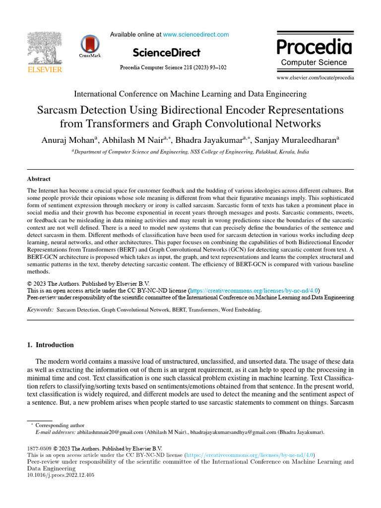 Sarcasm Detection Using Bidirectional Encoder Representati - 2023 - Procedia Com | PDF ...