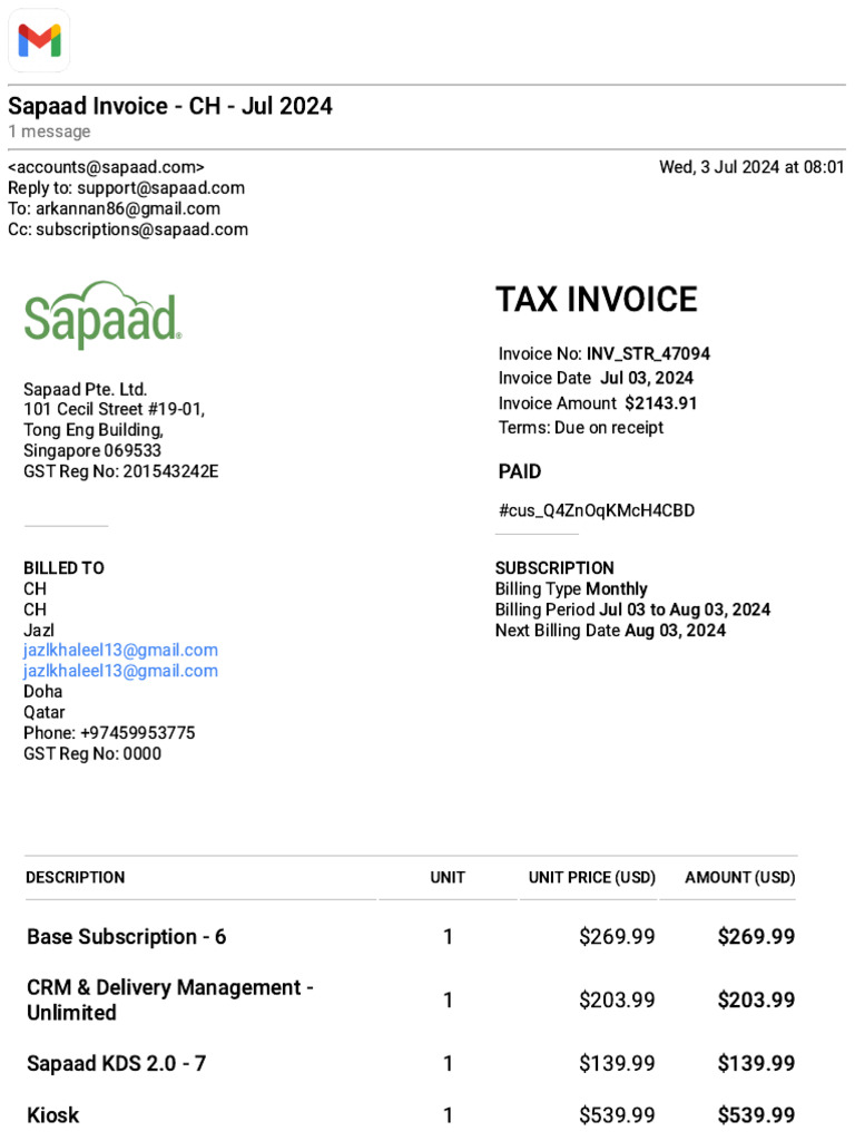 Gmail - Sapaad Invoice - CH - Jul 2024 | PDF | Business Documents ...