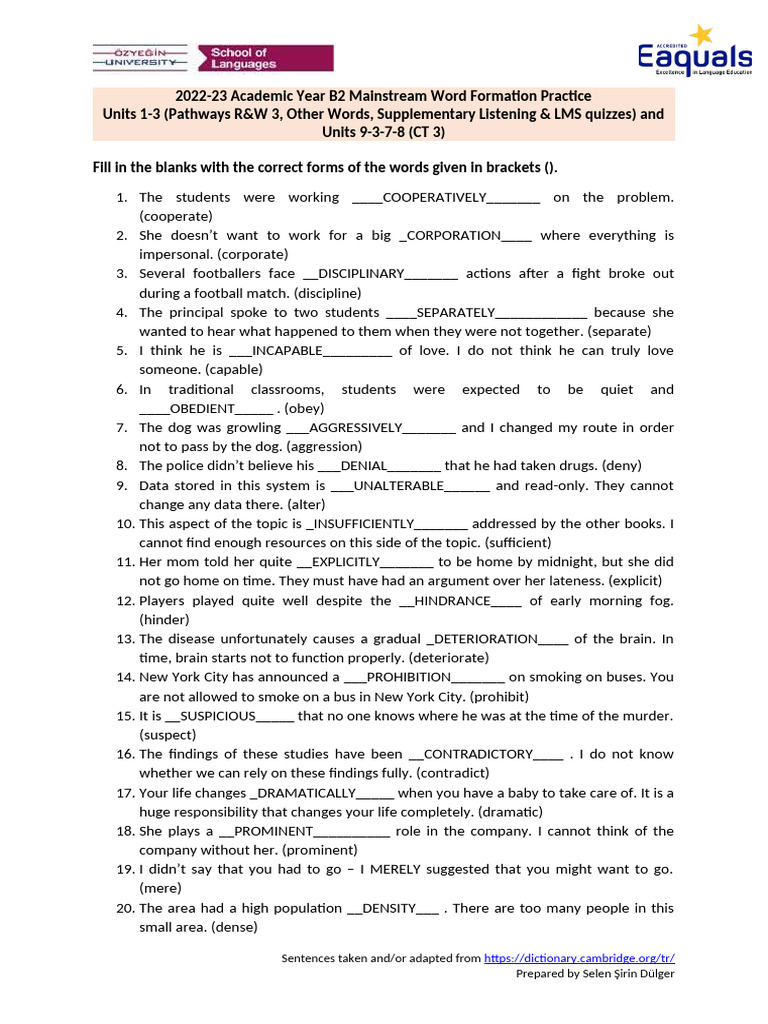 Word Formation-B2 - Units 1,2,3 AK | PDF