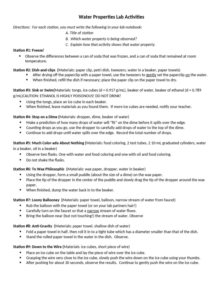 Water Properties Lab Activities | PDF | Water