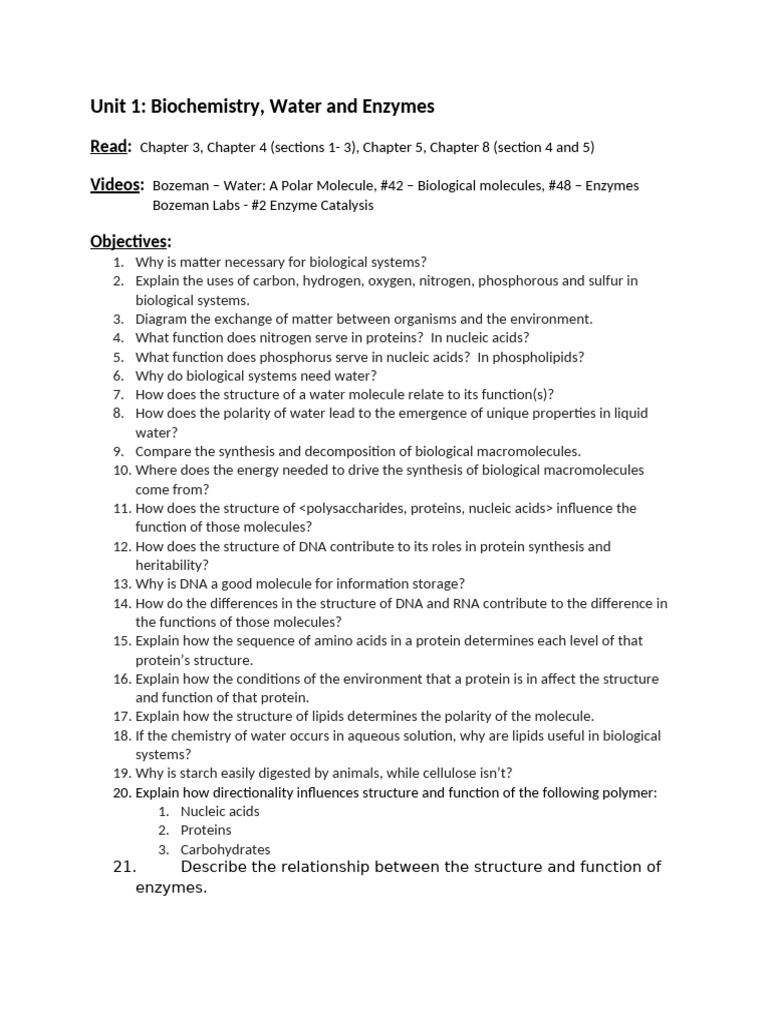 Unit Biochem Objectives 2015 1 | PDF | Biology | Biochemistry