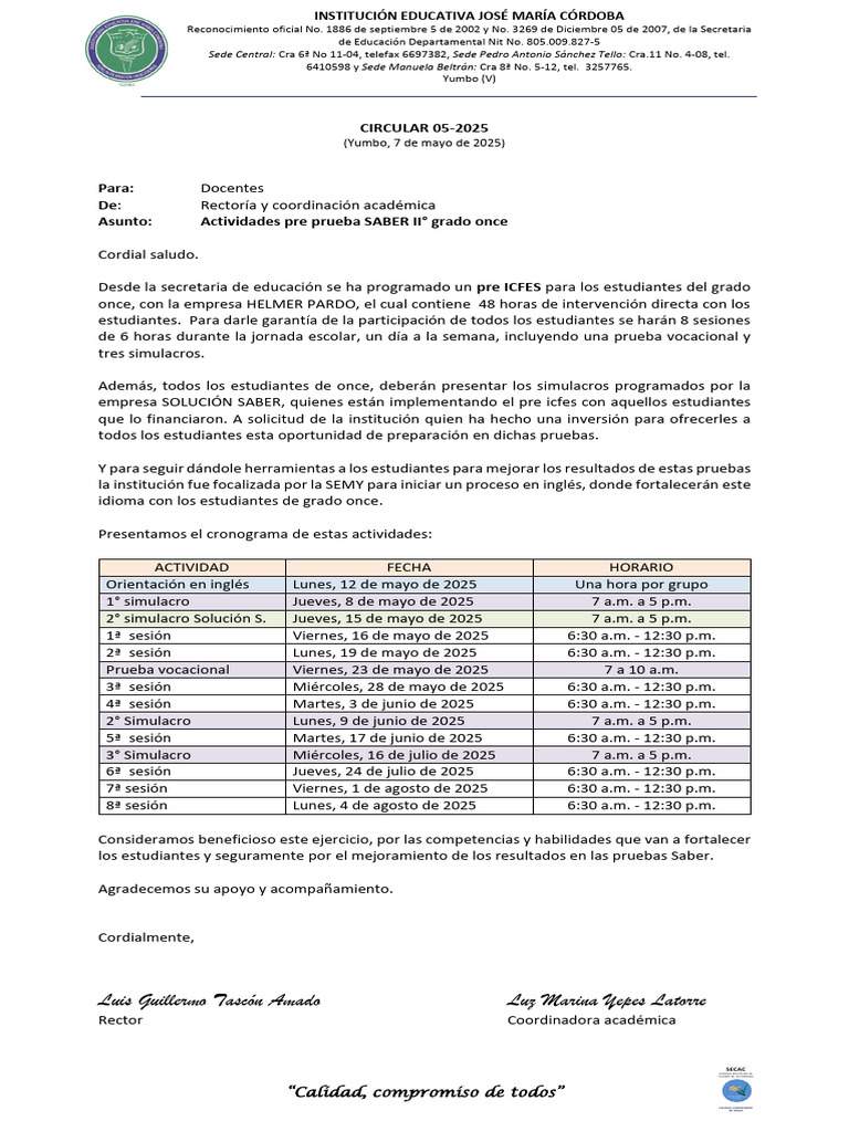 CIRCULAR 05-2025 Pre Icfes 11°s | PDF