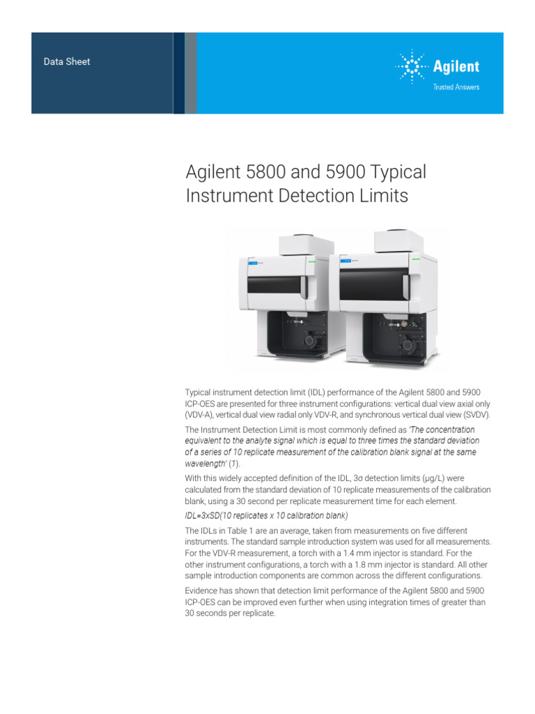 Agilent 5800 And 5900 Typical Instrument Detection Limits Pdf Detection Limit Physical