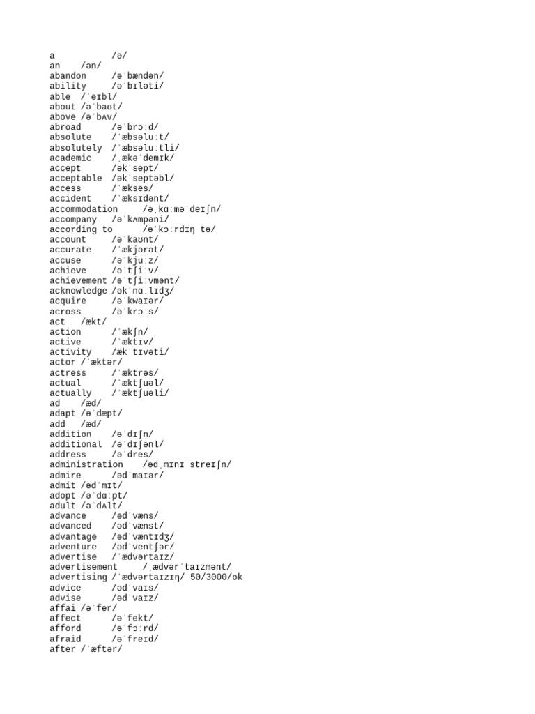 English Vocabulary List with Pronunciation | PDF