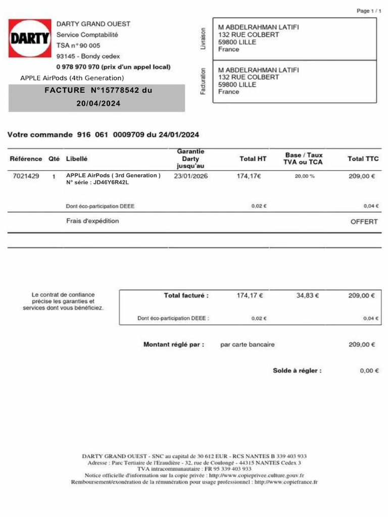 Facture Airpods 4 Final | PDF