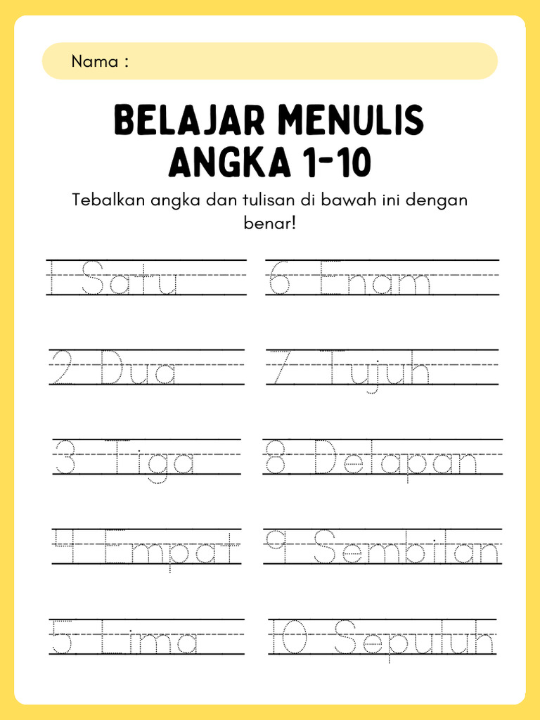 Belajar Menulis Menebalkan Angka 1-10 Lembar Kerja Kuning Sederhana ...