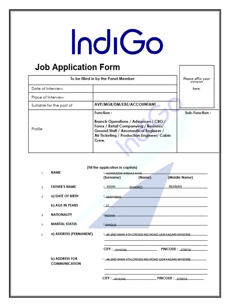 Indigo Airlines Job Application Form | PDF | Justice | Crime & Violence
