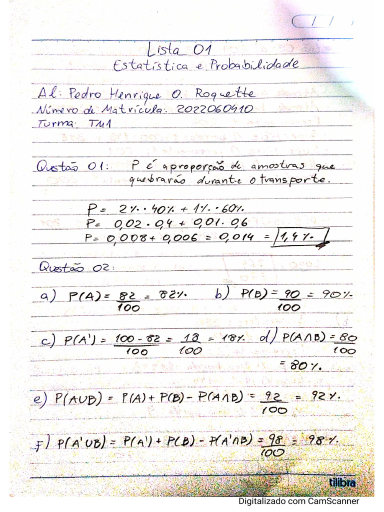 Lista 01 Est. e Prob. | PDF