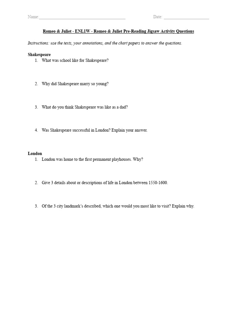 Romeo & Juliet Pre-Reading Jigsaw Activity Questions - ENL1W - Ms ...