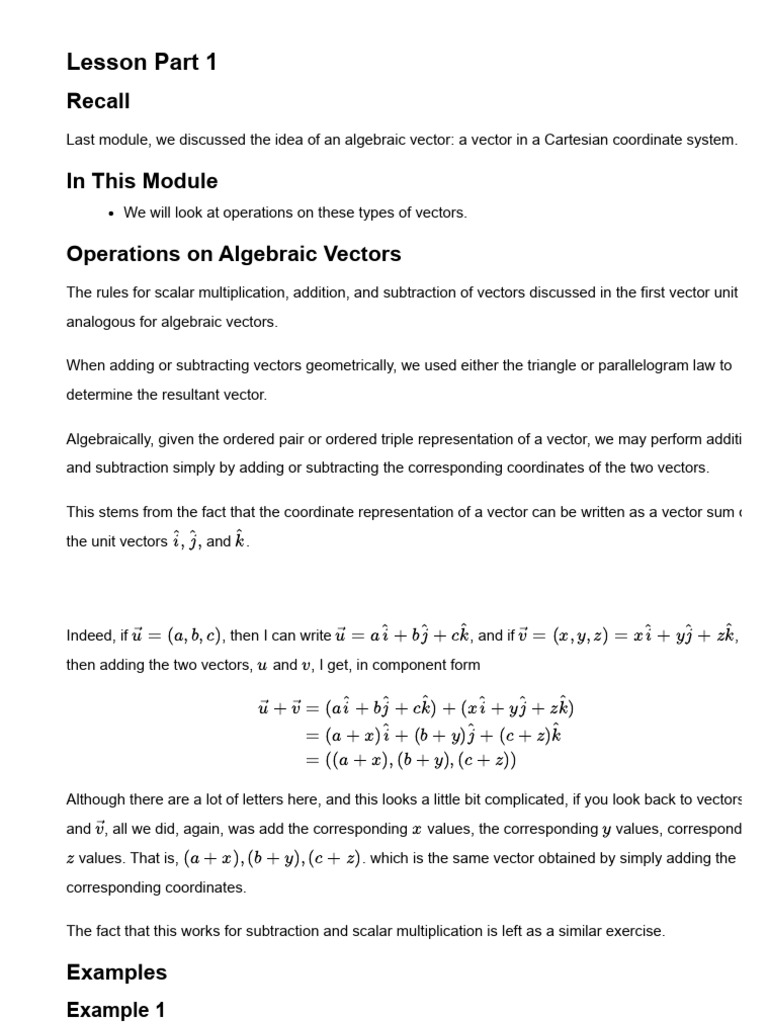 CEMC's Open Courseware - Operations On Algebraic Vectors | PDF ...