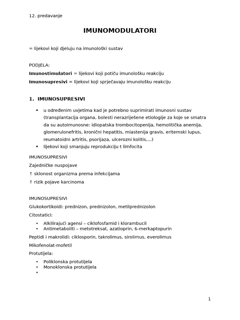 12. predavanje - IMUNOMODULATORI | PDF