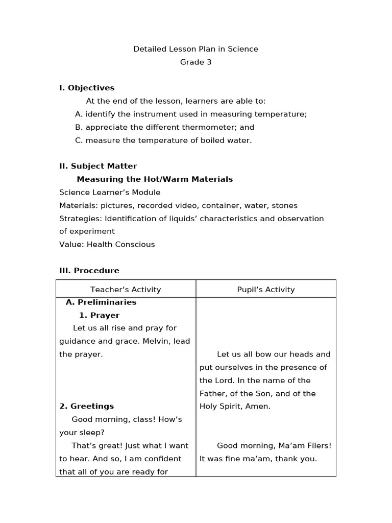 Grade 3 Science Lesson Plan: Measuring Temperature | PDF | Water ...