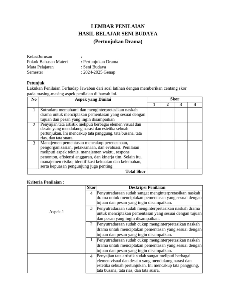 Assesmen Pertunjukan Drama (Seni Budaya X SKANEJA) | PDF