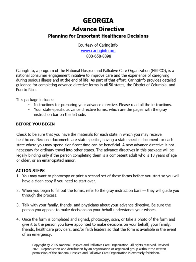 Advance Medical Directive Living Will Form For Georgia | PDF ...