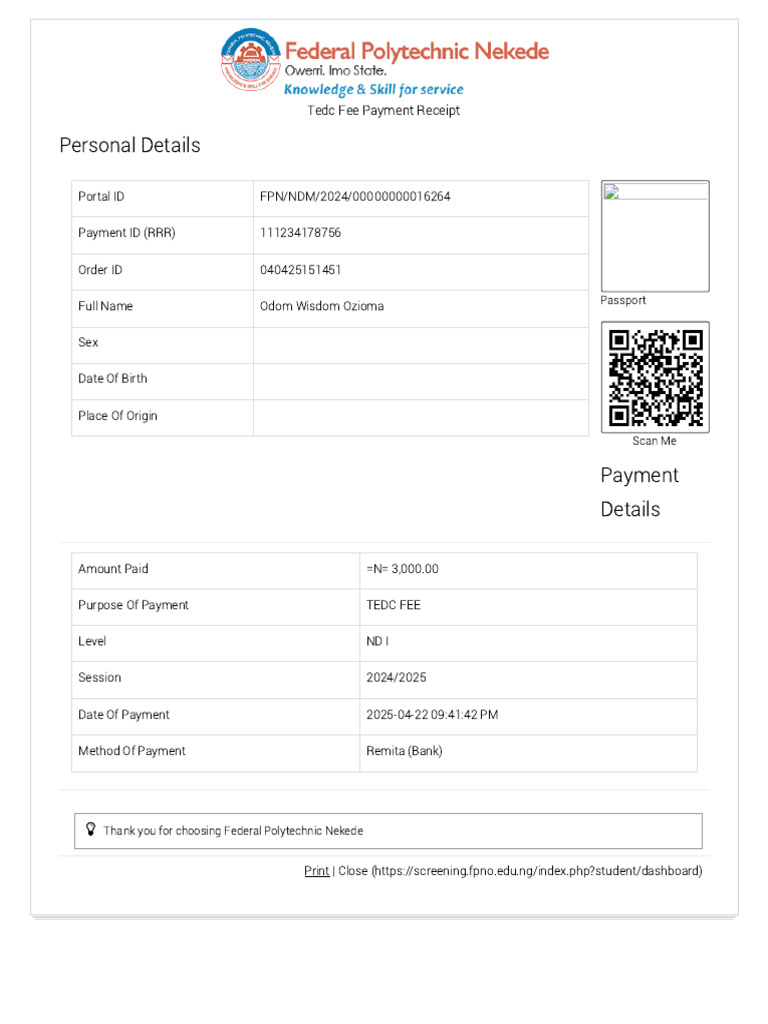 Eduportal - FPN TEDC Fee Payment Receipt | PDF