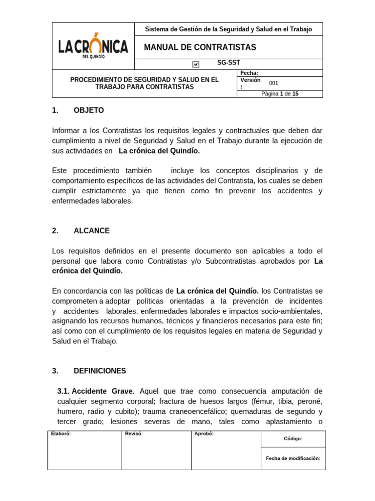 Procedimiento de SST para Contratistas | PDF