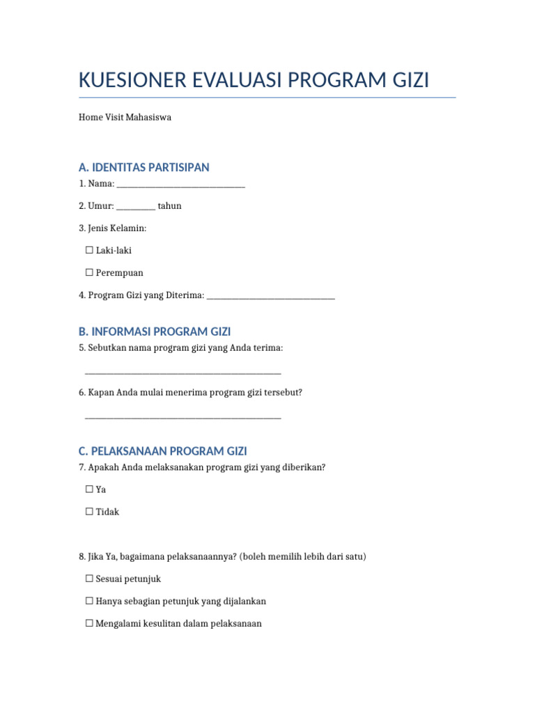 Kuesioner Evaluasi Program Gizi | PDF