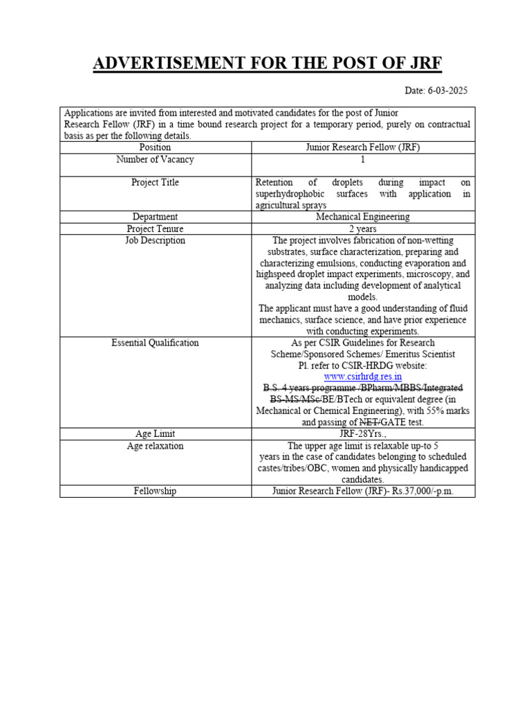 ADVERTISEMENT FOR THE POST JRF - Drop - Impact | PDF | Applied And Interdisciplinary Physics