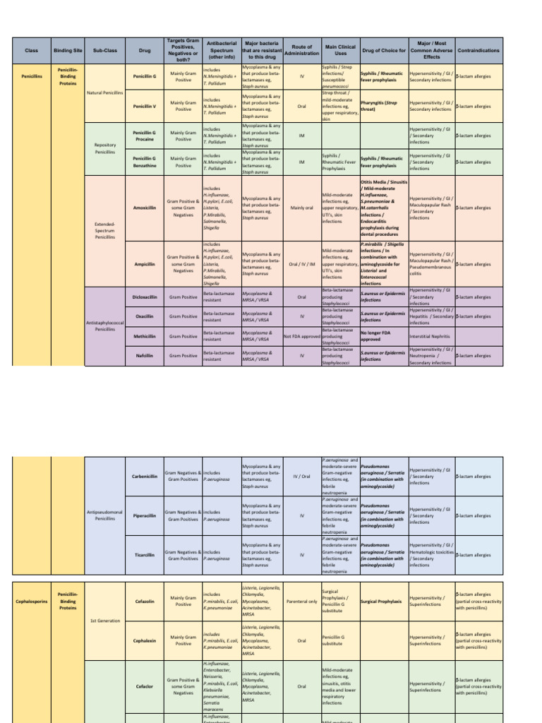 Antibiotic Summary Sheet | PDF | Penicillin | Gram Negative Bacteria