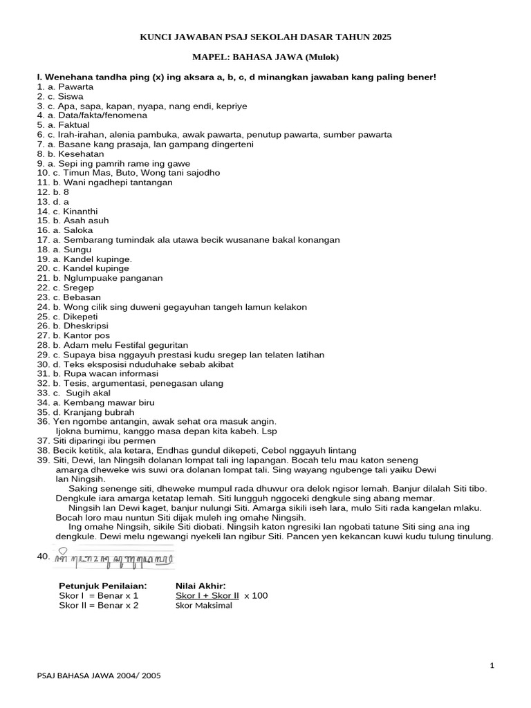9 KUNCI JAWABAN SOAL PSAJ BAHASA JAWA 2024-2025 | PDF