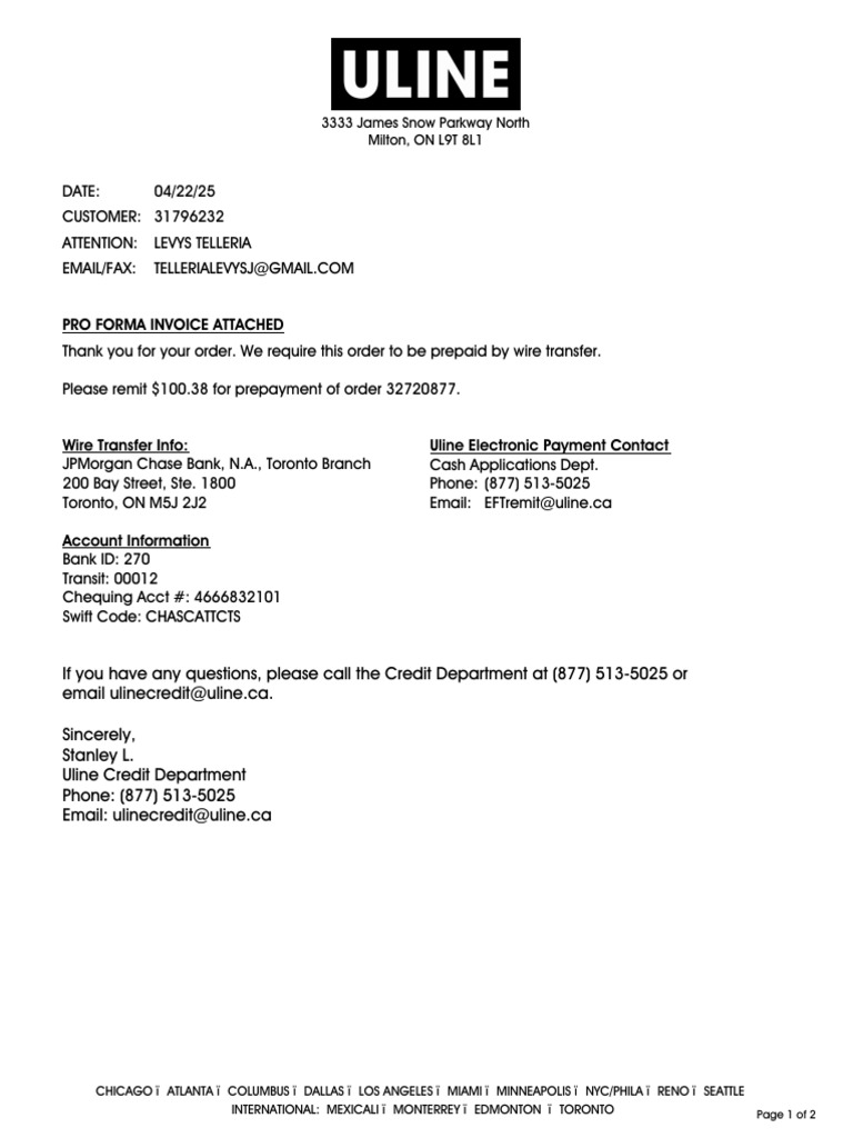 Uline_ProForma_32720877_31796232_28440912_1 | PDF | Invoice | Payments
