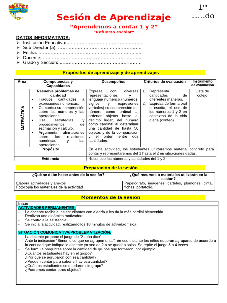 SESIÓN MAT Aprendemos A Contar 1 y 2 | PDF | Evaluación | Cognición