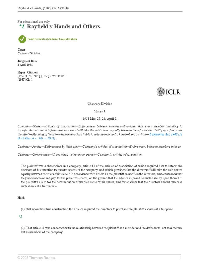 Rayfield v Hands | PDF | Going Concern | Obiter Dictum