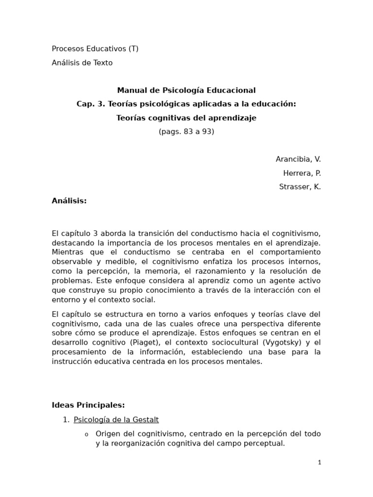 Análisis Texto Arancibia, V. Cap. 3 Teorías Cognitivas Del Aprendizaje | PDF | Pensamiento ...