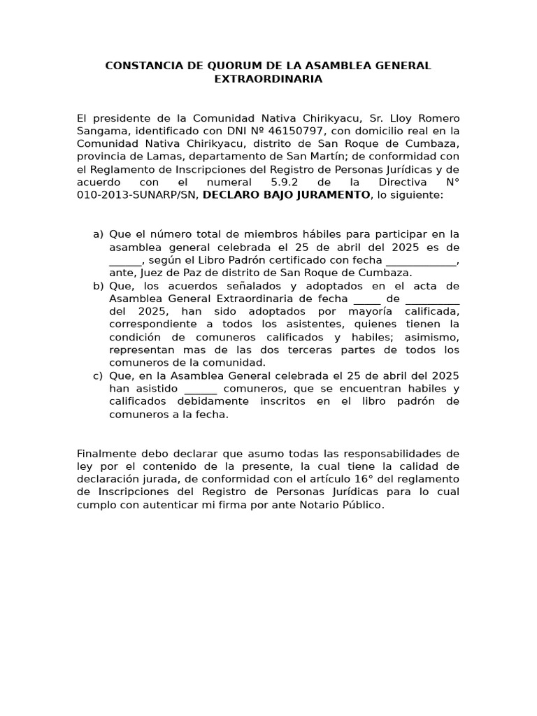 Constancia de Quorum | PDF