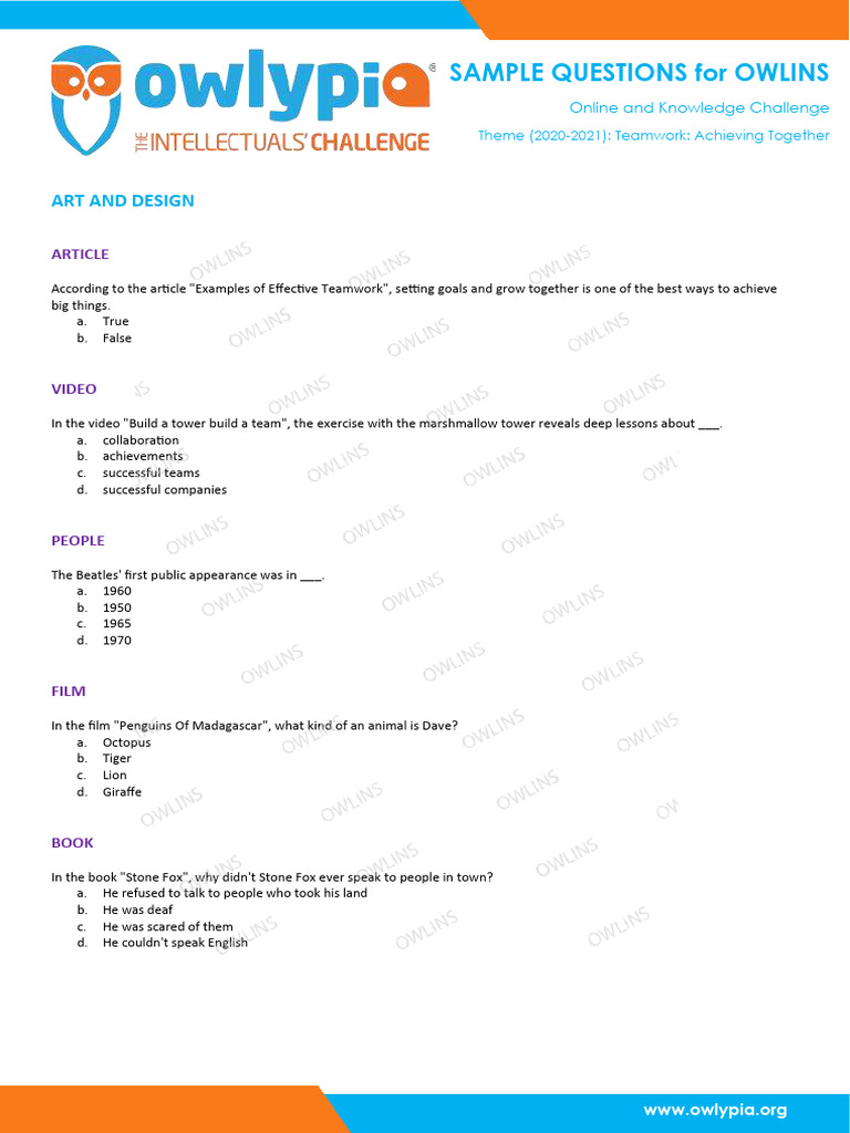 Owlypia Olympiad Sample Questions | PDF | J. K. Rowling