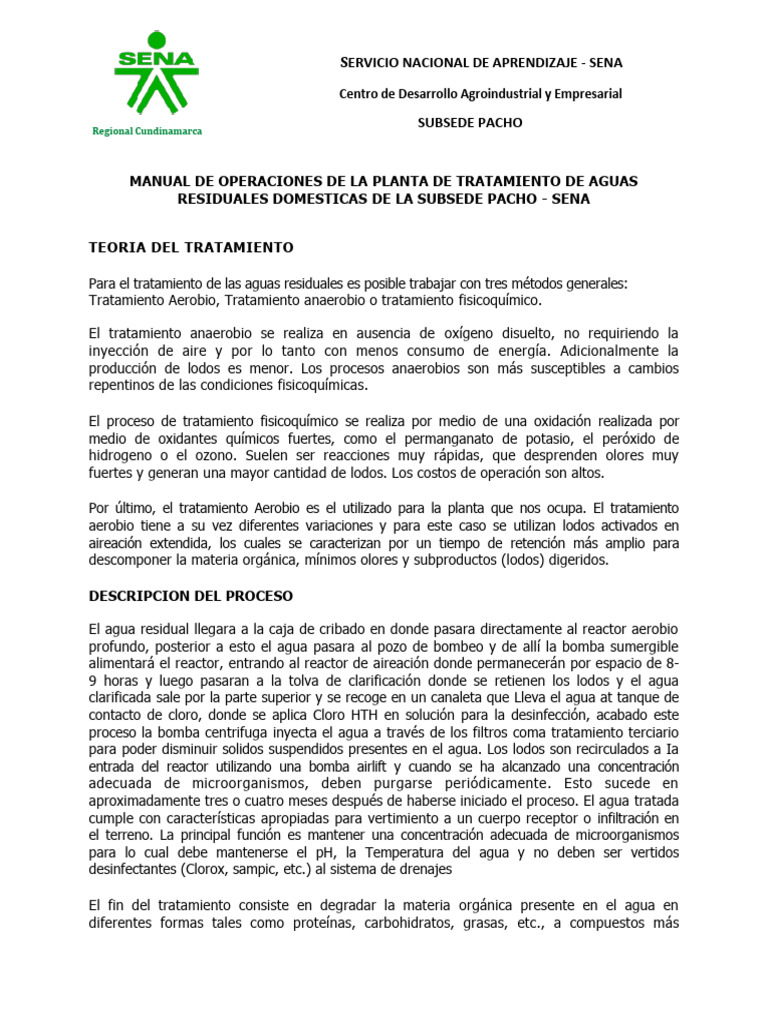 Anexo 4. Manual de Operacion PTAR | PDF | Tratamiento de aguas residuales | Agua