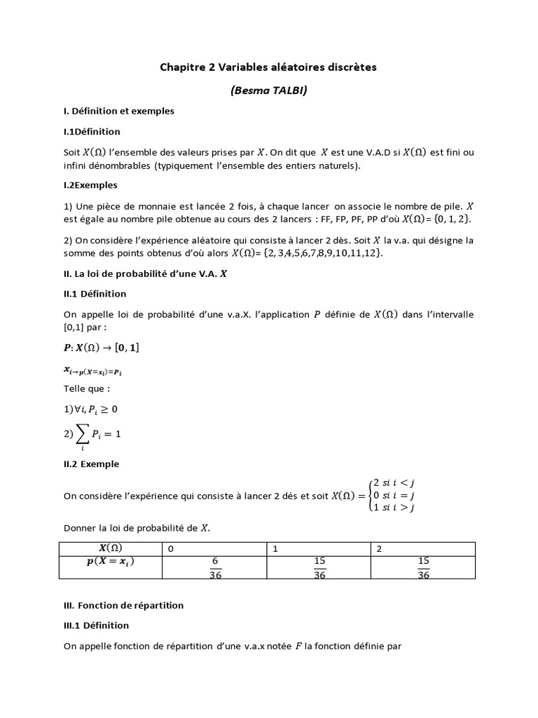 Chapitre 2 Proba. Variables Aléatoires Discrètes 2 | PDF | Loi de ...