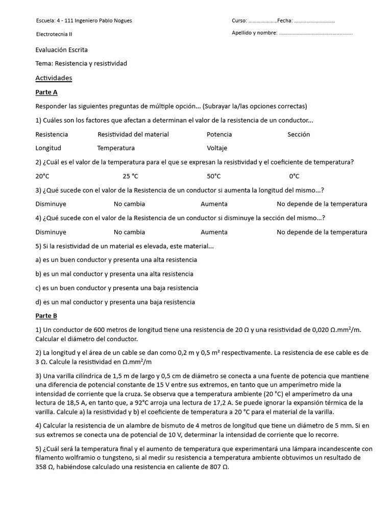Examen 1 - Electro II Resistencia y Resistividad | PDF | Resistor ...