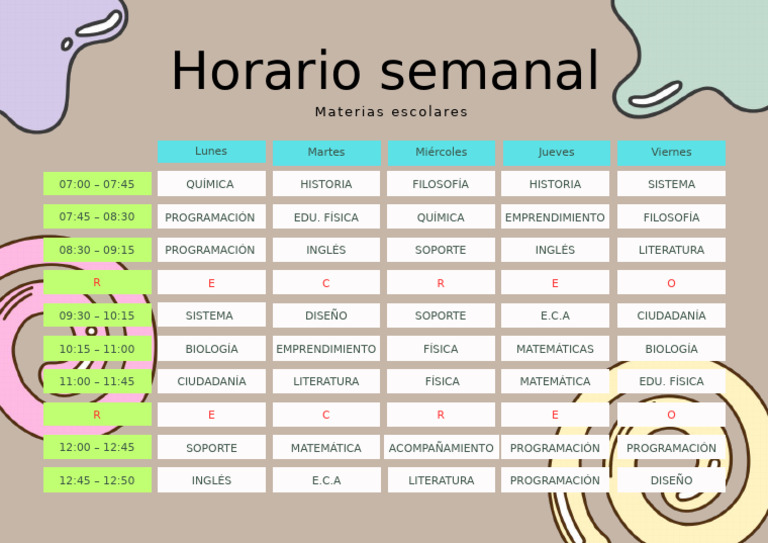 Horario Semanal A4 Materias Escolares Colores Pastel - 20250506 ...