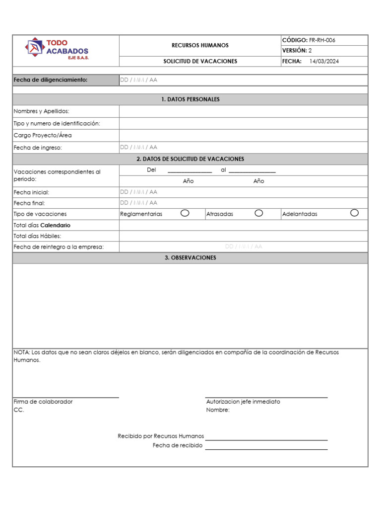 Fr-rh-006 Formato Solicitud de Vacaciones | PDF