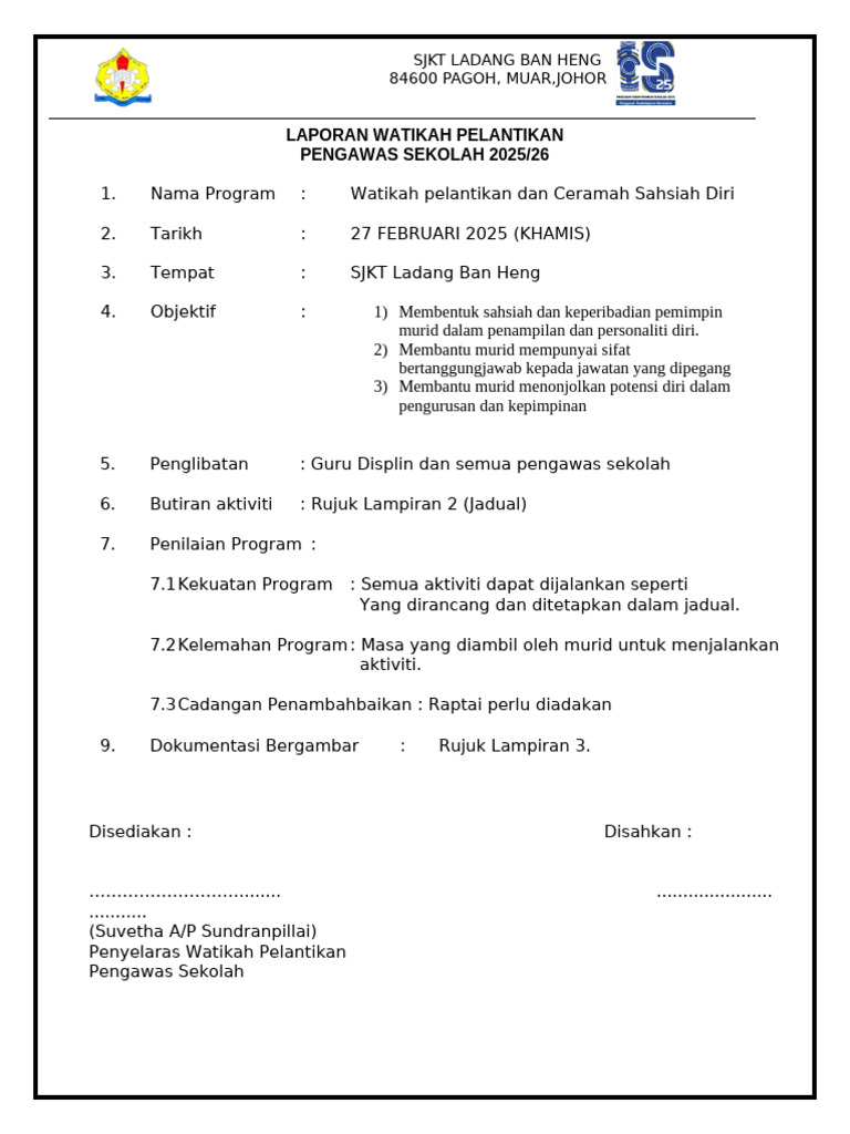 LAPORAN WATIKAH PELANTIKAN PENGAWAS SEKOLAH 2025 2 | PDF