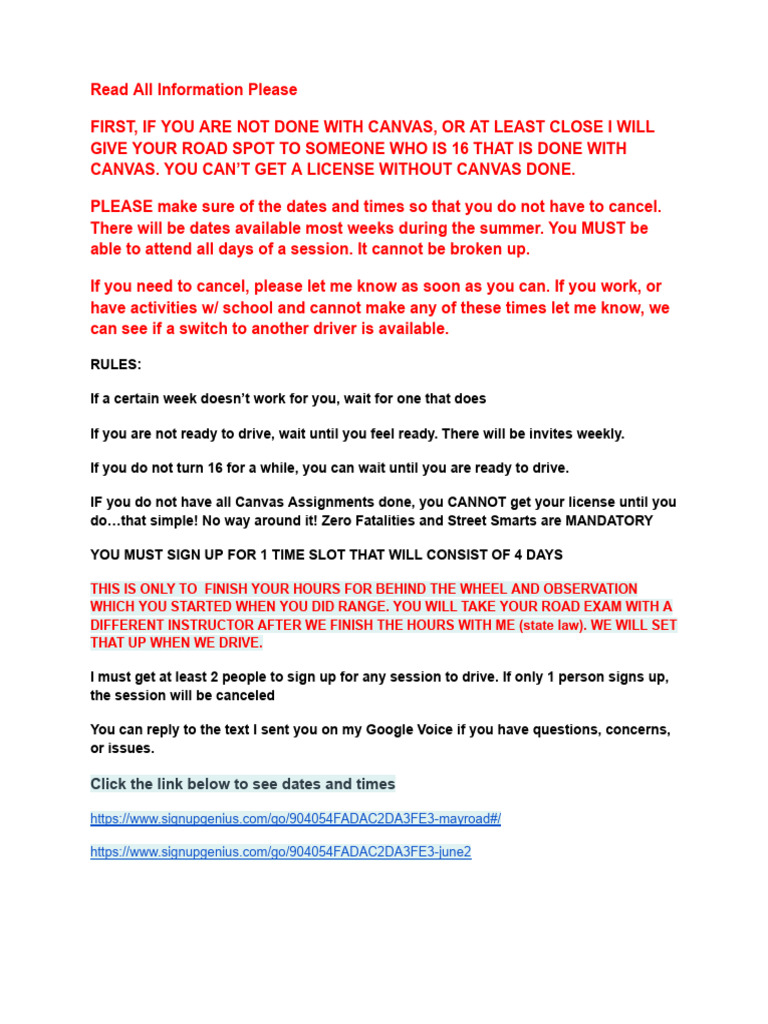 Driver Ed Road Instructions and Links | PDF