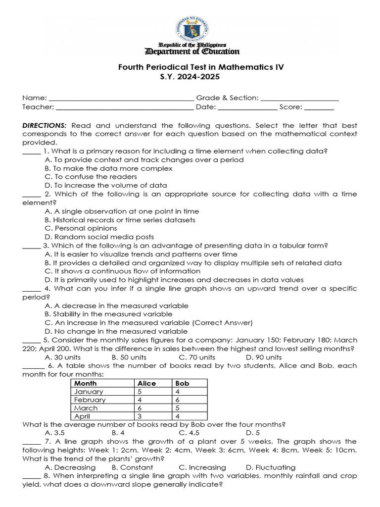 Fourth Periodical Math Test IV 2024-2025 | PDF | Numbers | Multiplication