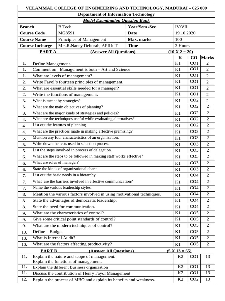 Model Question Bank Pom | PDF | Business | Social Psychology